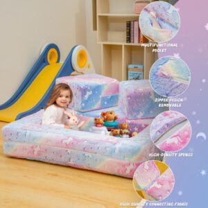 furlinkhm Modular Kids Play Couch,Glow in The Dark Kids Play Couch Toddler Couch,Nugget Couch for Kids,Convertible Baby Fold Out Play Foam and Floor Cushion for Bedroom and Playroom(Rainbow+Unicorn)