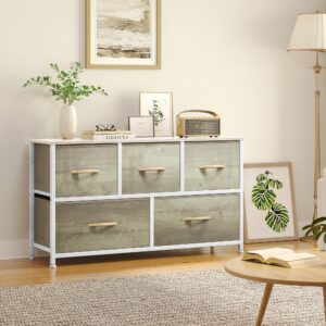 YITAHOME Wide Chest of Drawers, Dresser with 5 Drawers, Oak Greige Fabric Storage Tower, Dresser for Bedroom with 5 Drawers, Living Room, Closets - Sturdy Steel Frame, Wooden Top