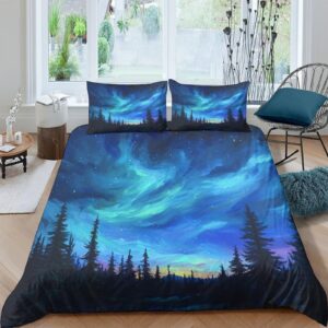 mimibedding northern lights for boys girls comforter covers 3d print blue quilt cover duvet cover with pillow cases bedding set soft microfiber with zipper closure 3 pieces queen（228x228cm）