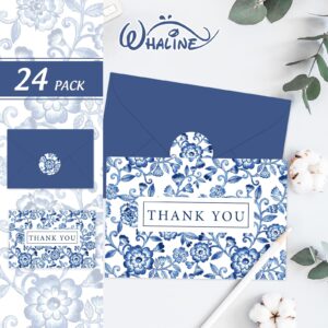 Whaline 24 Packs Floral Thank You Cards Blue White Chinoiserie Flower Greeting Cards Blank Note Cards with Envelopes and Stickers for Wedding Birthday Baby Shower Party, 4 x 6 Inch