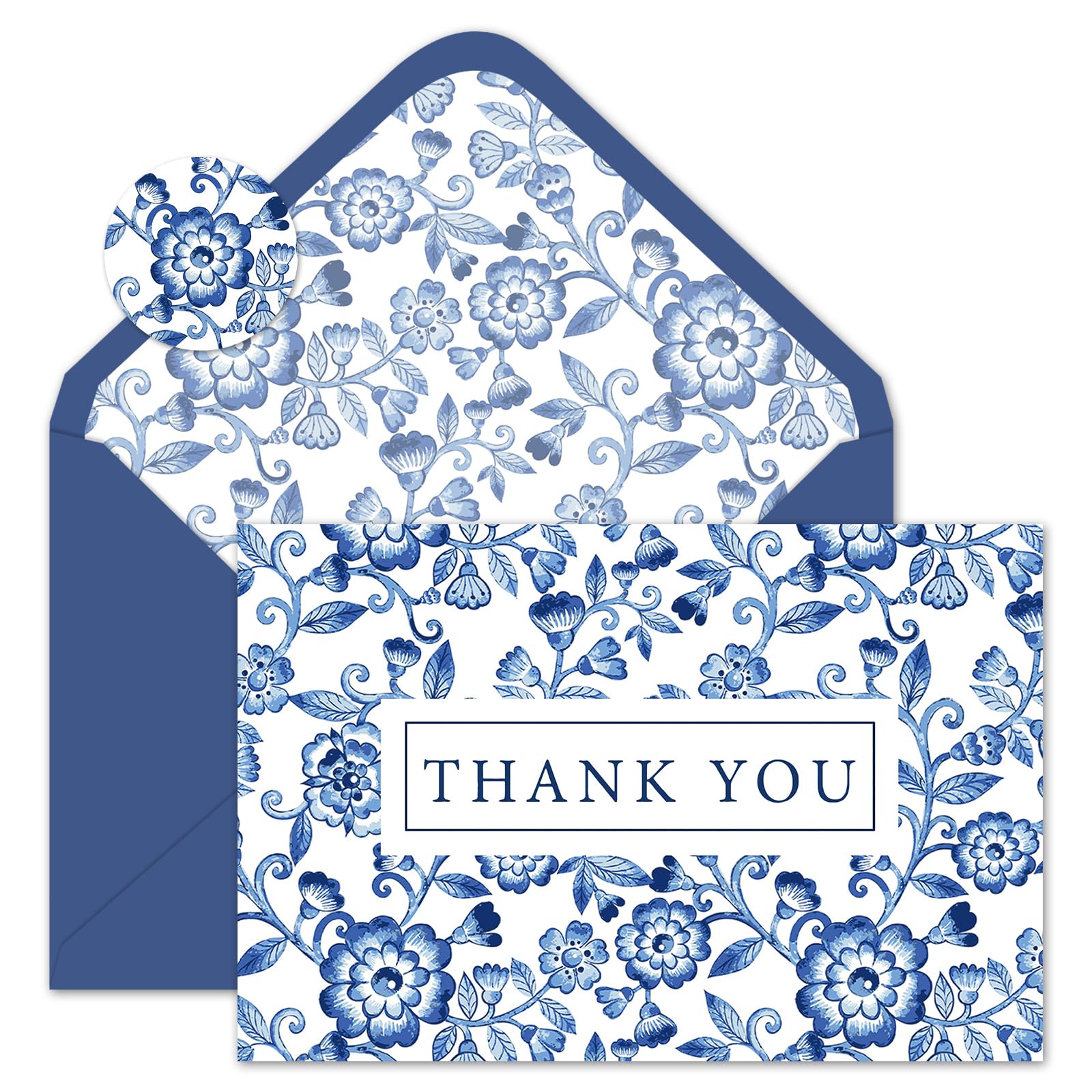 Whaline 24 Packs Floral Thank You Cards Blue White Chinoiserie Flower Greeting Cards Blank Note Cards with Envelopes and Stickers for Wedding Birthday Baby Shower Party, 4 x 6 Inch