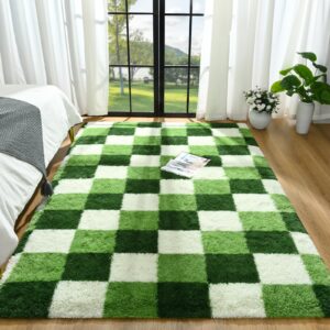 zedrew shag area rug, 4x6 ft deep green white fluffy rugs for bedroom living room, soft shaggy modern indoor carpets, cute plush rugs for kids girls room nursery, high pile throw rug for home decor