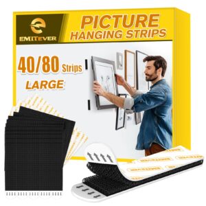 emitever picture hanging strips heavy duty, damage free hanging picture hangers for walls, picture hanging kit, hanging hooks without nails, black adhesive poster wall strips 20-pairs (40 strips)