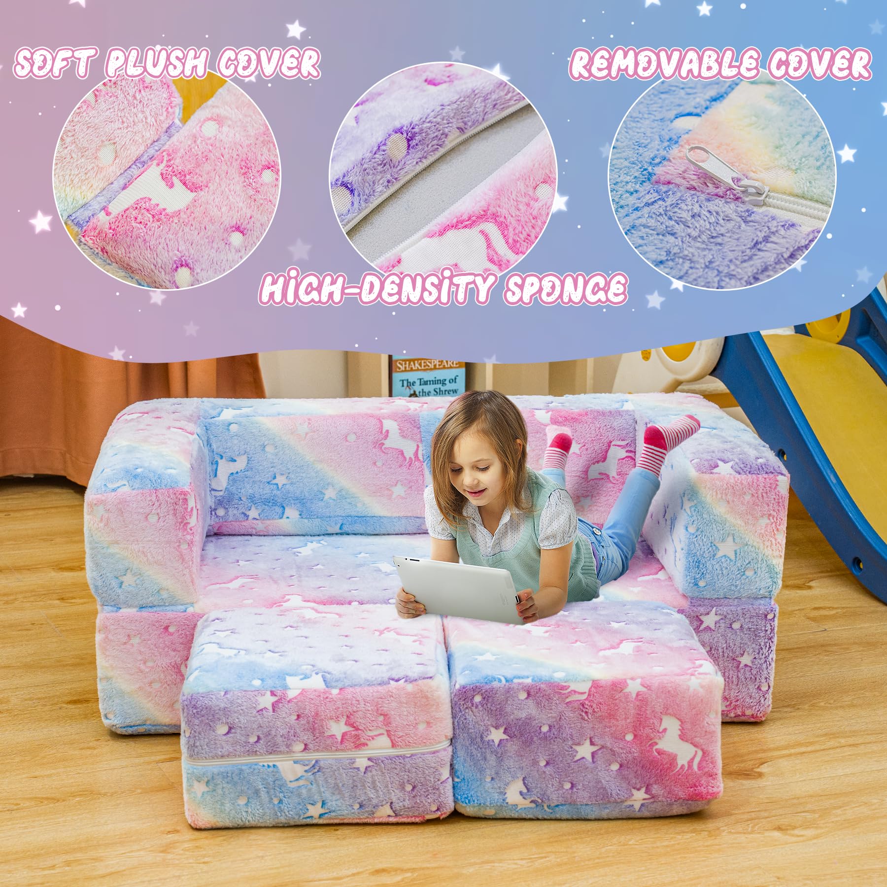 furlinkhm Modular Kids Play Couch,Glow in The Dark Kids Play Couch Toddler Couch,Nugget Couch for Kids,Convertible Baby Fold Out Play Foam and Floor Cushion for Bedroom and Playroom(Rainbow+Unicorn)