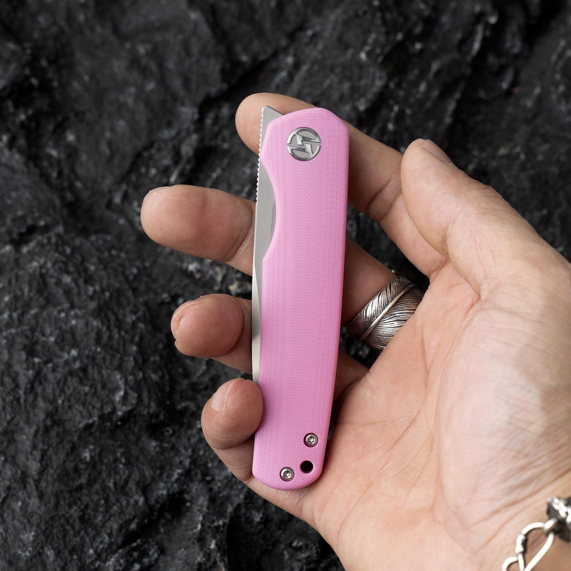 OLITANS G047 Front Flipper Folding Knife 3.0" Sandvik 14C28N Blade White G10 Handle Camping Pocket Knife With Deep Carry Clip Outdoor EDC (Pink W)