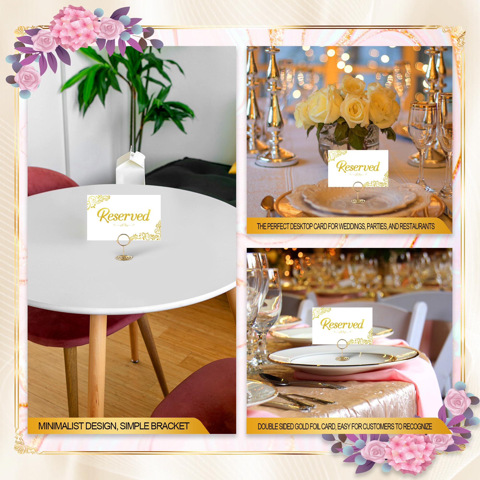 KAnduo 20 Pieces Double sided gold foil reserved card with bracket- Includes Free Green Leaf Blank Cards - Reserved Signs for Wedding, Chair and Table Signs, Reserved Seating Signs, White