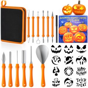 joyin 14 pcs halloween pumpkin carving kit, professional carving set with handbag, 12 stencils, stainless steel double-side sculpting tools for jack-o-lantern diy kids party decoration craft supplies