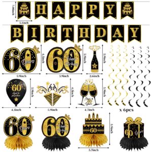 Eucutur 42PCS 60th Birthday Decoration Kit for Men Women, Black Gold Happy 60th Bday Banner Balloons Honeycomb Centerpiece Swirl Paper Pompoms Party Supplies, 60 Bday Sash Table Cake Topper Swirls Set