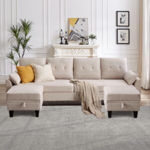 convertible sectional sofa u shape sectional couch with double reversible ottoman chaise polyester fibre 4 seat couches for living room, beige