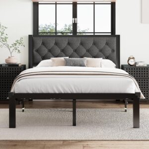 einhomn queen bed frame, metal platform bed frame with button tufted linen upholstered headboard, sturdy steel slats, 12" underbed storage, no box spring needed, grey