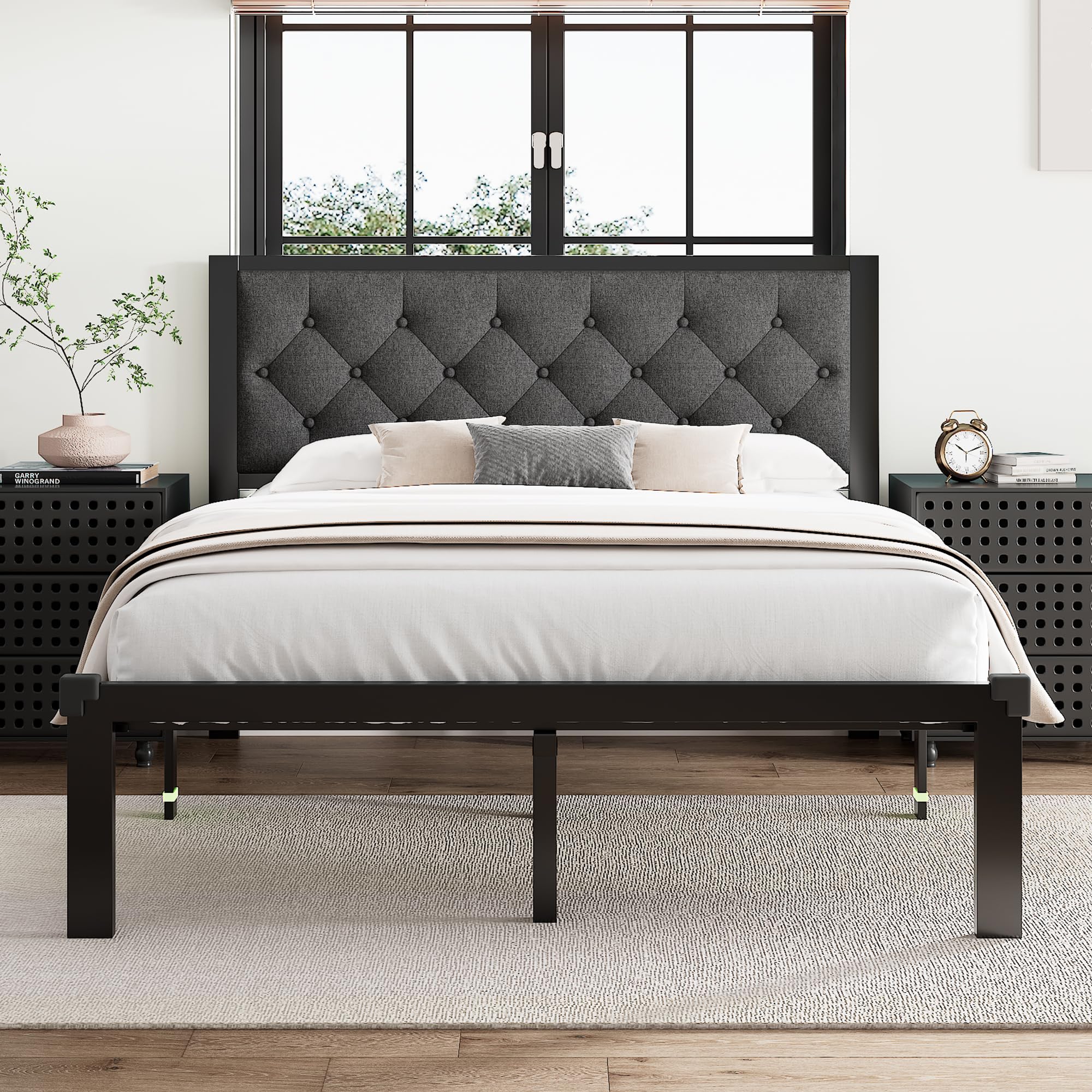 Einhomn Queen Bed Frame, Metal Platform Bed Frame with Button Tufted Linen Upholstered Headboard, Sturdy Steel Slats, 12" Underbed Storage, No Box Spring Needed, Grey