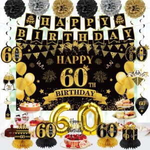 Eucutur 42PCS 60th Birthday Decoration Kit for Men Women, Black Gold Happy 60th Bday Banner Balloons Honeycomb Centerpiece Swirl Paper Pompoms Party Supplies, 60 Bday Sash Table Cake Topper Swirls Set