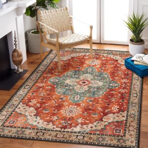 castage boho rug 3x5,washable area rugs for bedroom living room kitchen entryway,small vintage bohemian distressed non slip oriental tribal carpet,retro rust