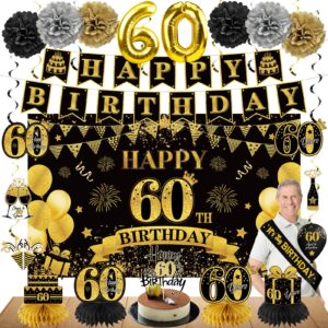 eucutur 42pcs 60th birthday decoration kit for men women, black gold happy 60th bday banner balloons honeycomb centerpiece swirl paper pompoms party supplies, 60 bday sash table cake topper swirls set