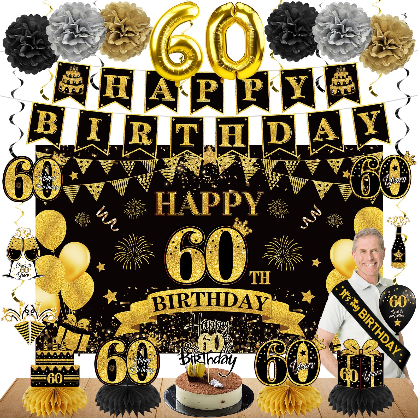 Eucutur 42PCS 60th Birthday Decoration Kit for Men Women, Black Gold Happy 60th Bday Banner Balloons Honeycomb Centerpiece Swirl Paper Pompoms Party Supplies, 60 Bday Sash Table Cake Topper Swirls Set