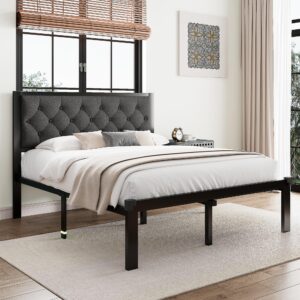 Einhomn Queen Bed Frame, Metal Platform Bed Frame with Button Tufted Linen Upholstered Headboard, Sturdy Steel Slats, 12" Underbed Storage, No Box Spring Needed, Grey