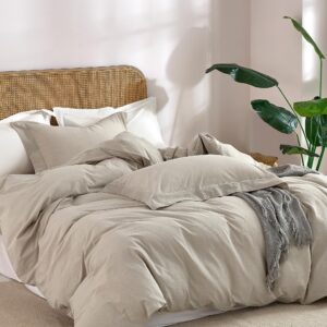 JELLYMONI 100% Washed Cotton 3 Pieces Cream Grey Duvet Cover King Size - Linen Like Textured Breathable Comforter Cover with Pillow Shams (Cream Grey, 104"x90")