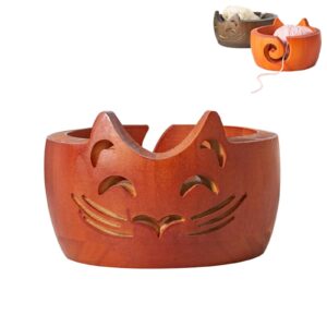 cute cat yarn bowl, new yarn bowls yarn storage bowl with carved holes & drill, creative wooden handmade round woolen bowl for diy knitting crocheting accessories (orange)