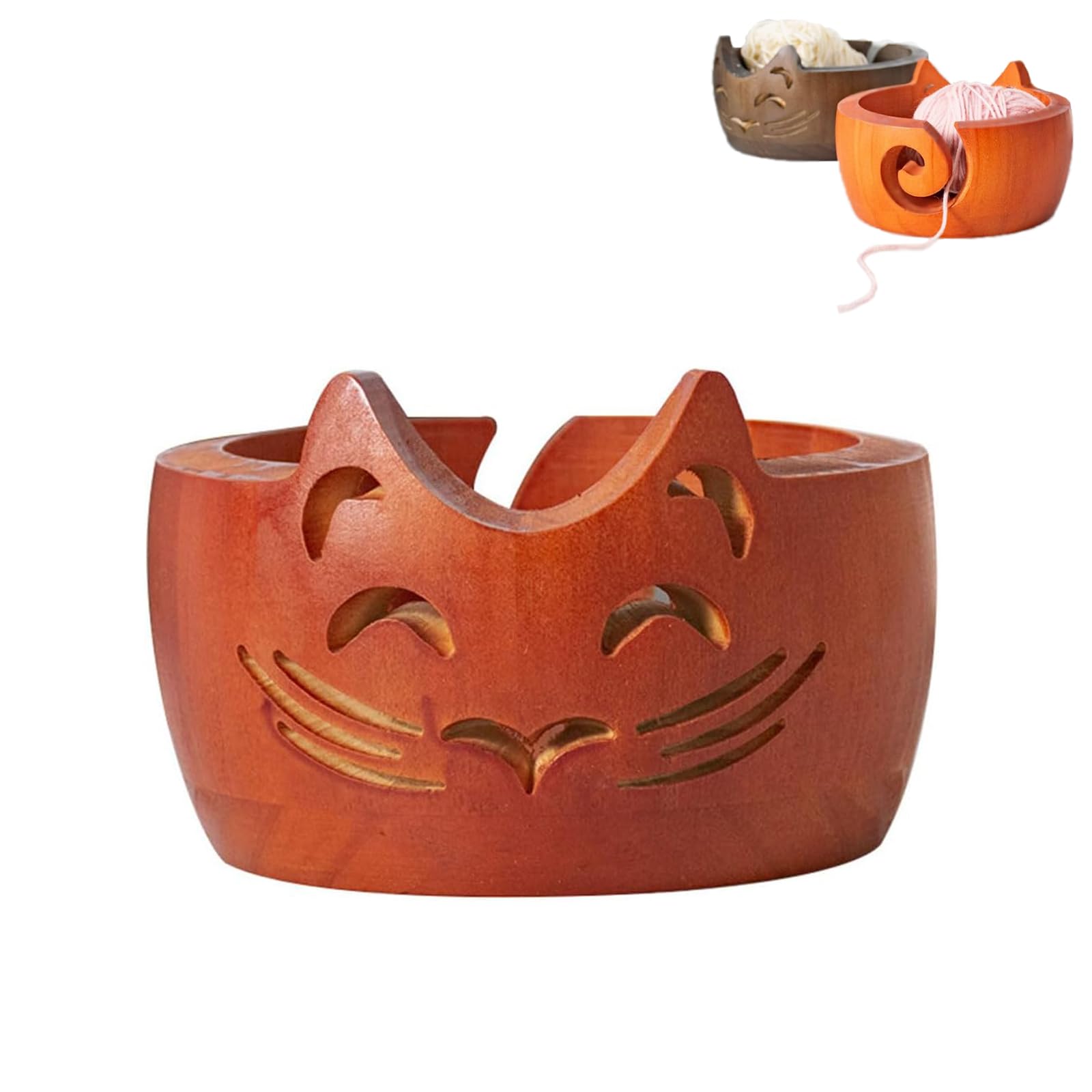 Cute Cat Yarn Bowl, New Yarn Bowls Yarn Storage Bowl with Carved Holes & Drill, Creative Wooden Handmade Round Woolen Bowl for DIY Knitting Crocheting Accessories (Orange)