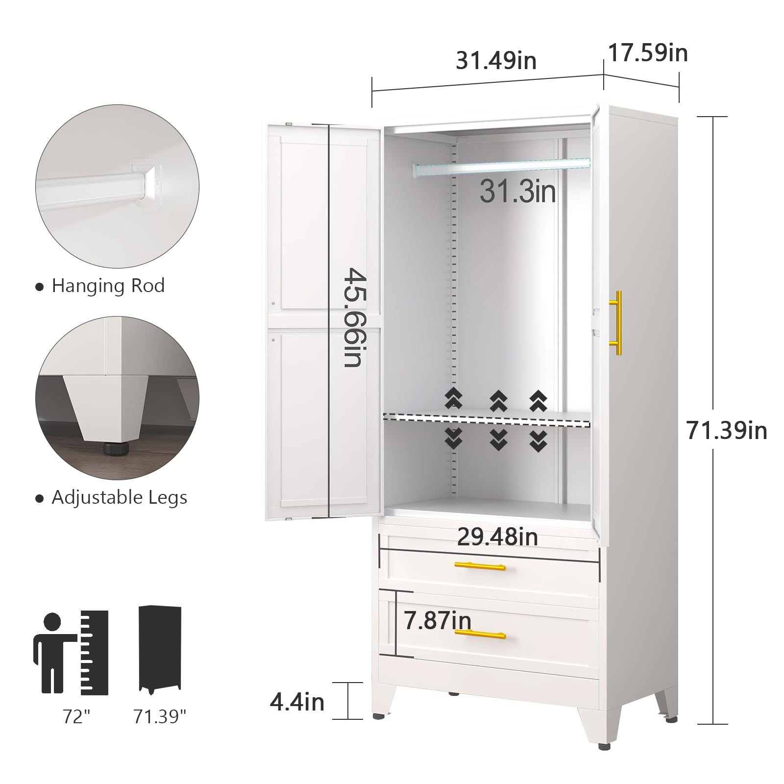 Anewome 71" Metal Armoire Wardrobe Closet with 2 Drawers, Freestanding 2-Door Tall Clothing Storage with Adjustable Shelves and Hanging Rod for Bedroom Dorm, White