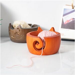 Cute Cat Yarn Bowl, New Yarn Bowls Yarn Storage Bowl with Carved Holes & Drill, Creative Wooden Handmade Round Woolen Bowl for DIY Knitting Crocheting Accessories (Orange)