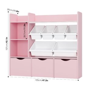 FACBOTALL Toy Storage Organizer with 3 Movable Drawers, Bookshelf and Bookcase with 6 Plastic Bins & 2 Storage Cubbies, Toy Chest with Hidden Wheels, Toy Storage Box for Playroom, School, Pink