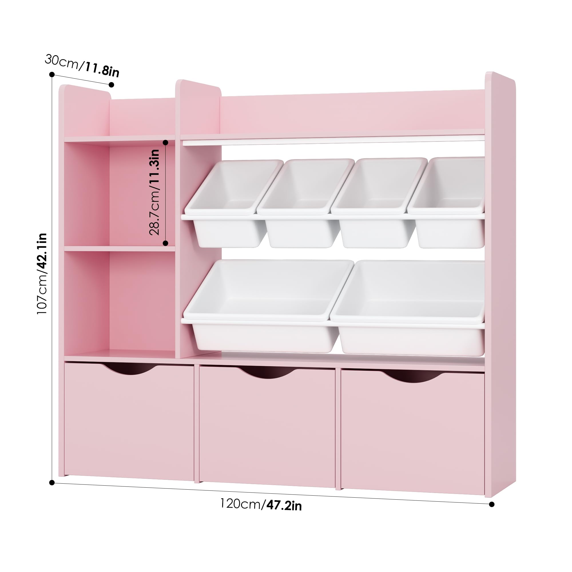 FACBOTALL Toy Storage Organizer with 3 Movable Drawers, Bookshelf and Bookcase with 6 Plastic Bins & 2 Storage Cubbies, Toy Chest with Hidden Wheels, Toy Storage Box for Playroom, School, Pink