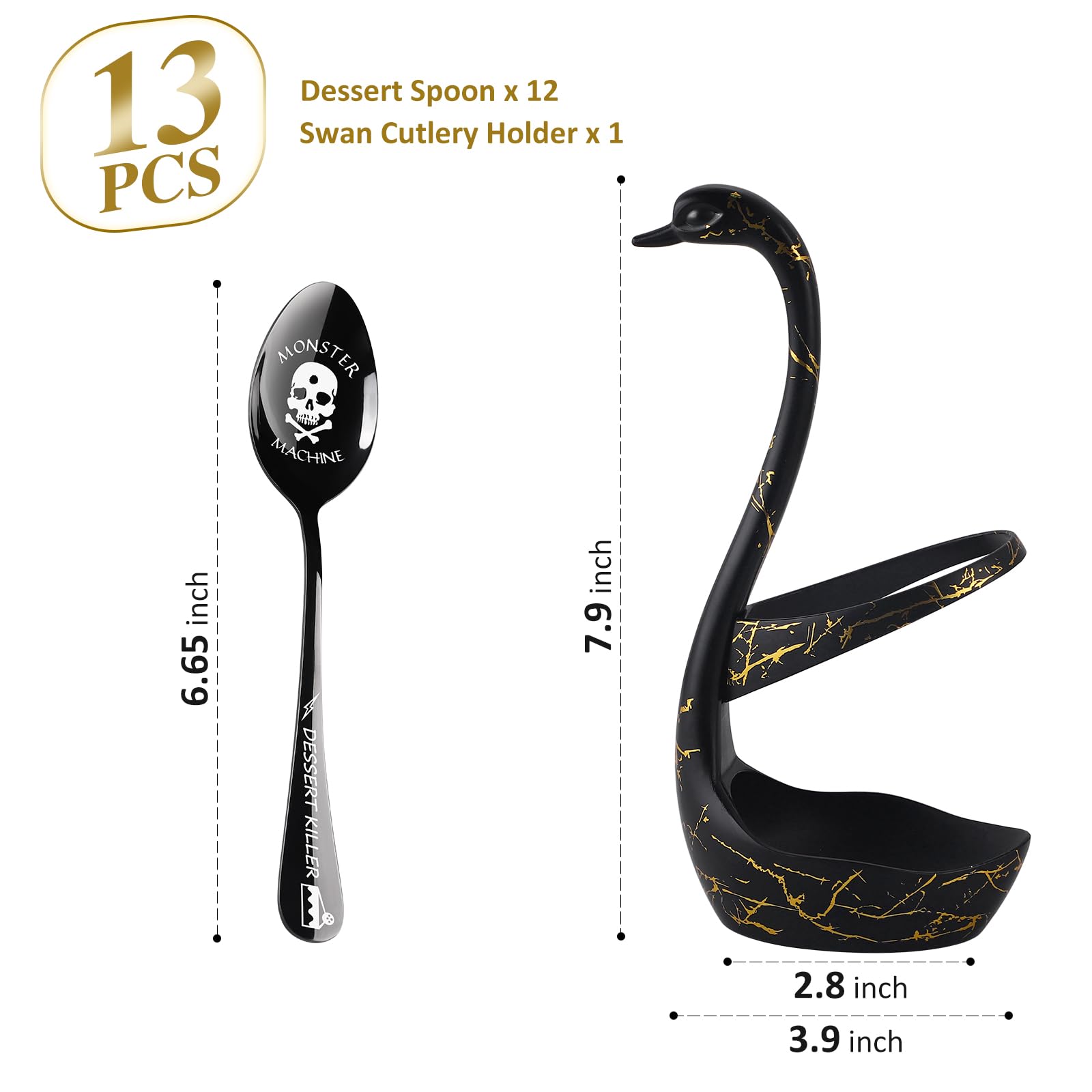 12 Pcs Skull Coffee Spoons Set With Large Black Swan Base Holder OIULO Stainless Steel 6.7-Inch Creative Dinnerware Set Goth Pattern Fruit,Dessert,Stirring, Mixing, Sugar, Stir, Cake Ice Cream