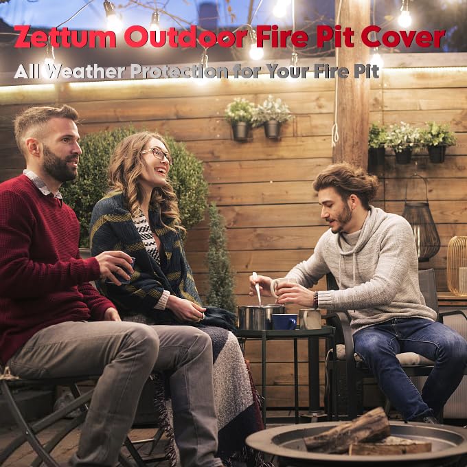 Zettum Fire Pit Cover Round 50 Inch - Outdoor Firepit Cover Waterproof & Heavy Duty, 600D Patio Fire Table Cover Large Gas Fire Pit Accessories Fade & Weather Resistant - 50 x 50 x 24 Inch