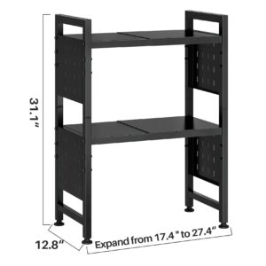 Expandable Microwave Stand, Heavy Duty 3-Tier Adjustable Microwave Oven Rack Shelf with 8 Hooks & 2 Holders, Space-saving Kitchen Counter Shelf for kitchen organizers and storage, 200lbs Capacity