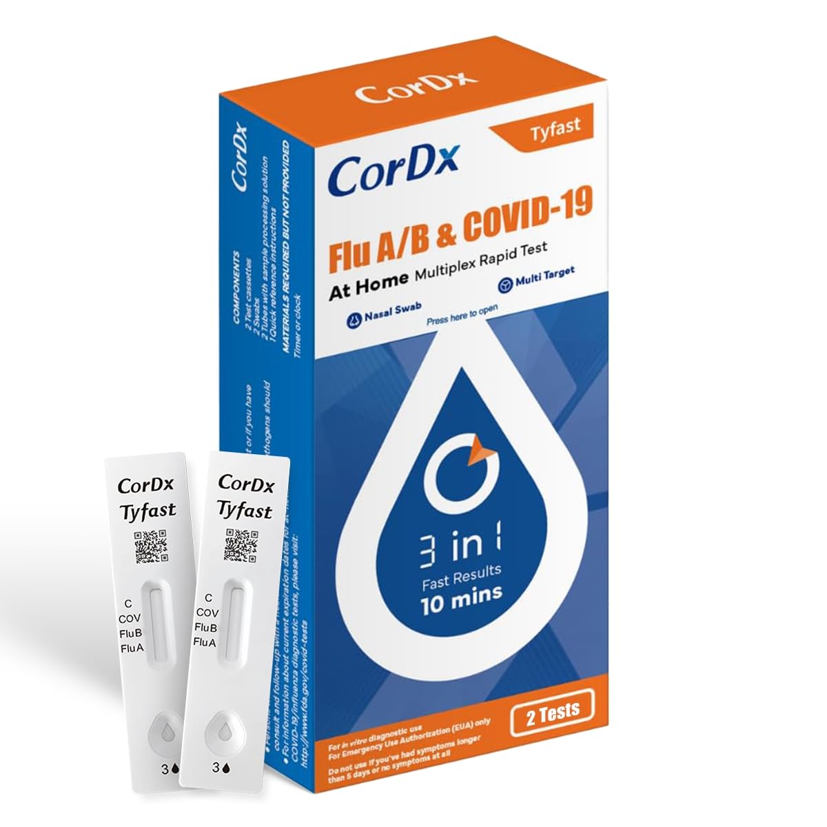 CorDx TyFast Flu A/B & Covid-19 Multiplex Rapid Test, 10 Mins at Home, FDA Authorized, 3-in-1 Combo Kit, 2 Tests