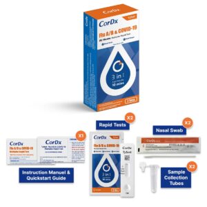 CorDx TyFast Flu A/B & Covid-19 Multiplex Rapid Test, 10 Mins at Home, FDA Authorized, 3-in-1 Combo Kit, 2 Tests