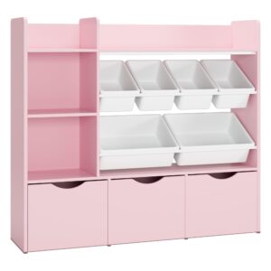 FACBOTALL Toy Storage Organizer with 3 Movable Drawers, Bookshelf and Bookcase with 6 Plastic Bins & 2 Storage Cubbies, Toy Chest with Hidden Wheels, Toy Storage Box for Playroom, School, Pink