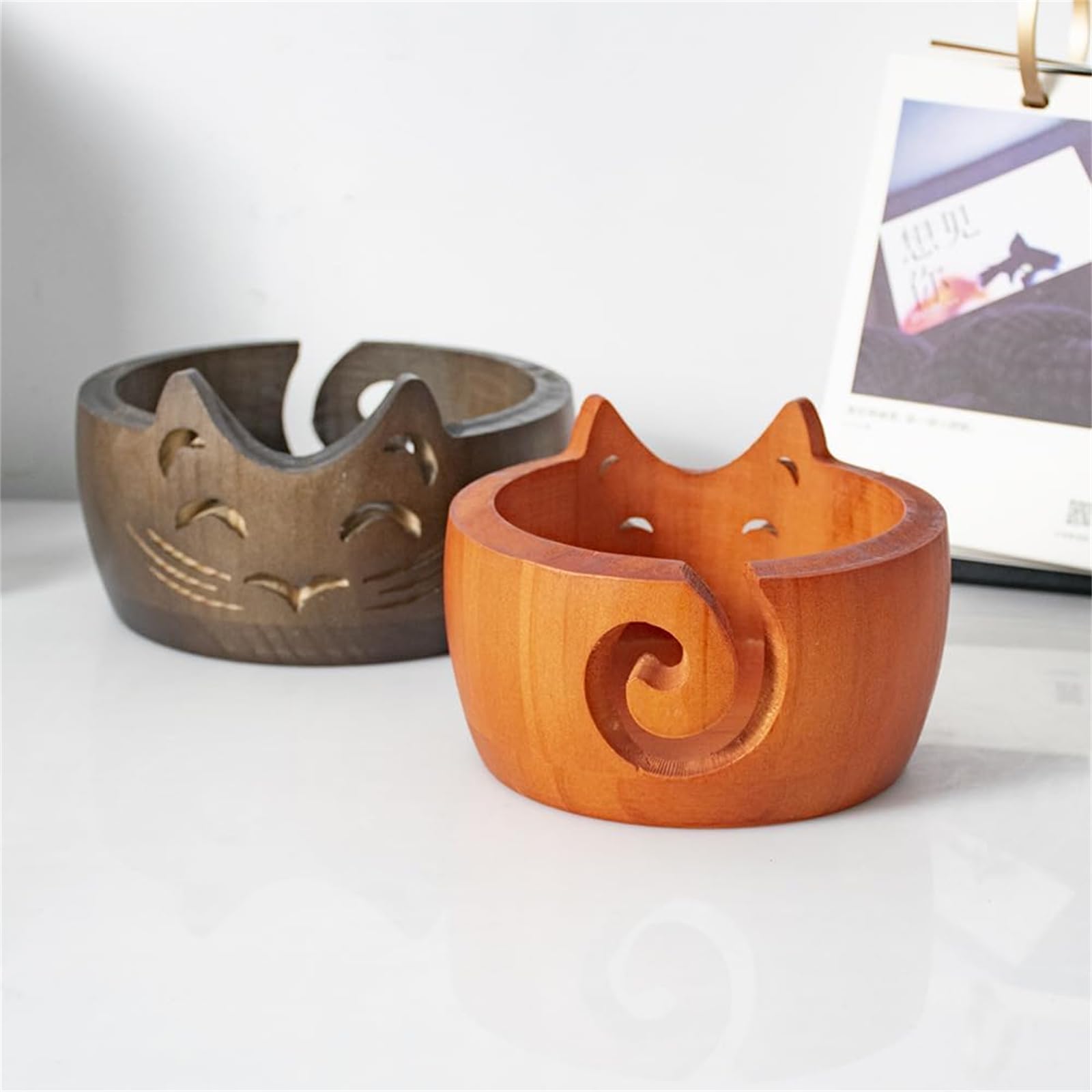 Cute Cat Yarn Bowl, New Yarn Bowls Yarn Storage Bowl with Carved Holes & Drill, Creative Wooden Handmade Round Woolen Bowl for DIY Knitting Crocheting Accessories (Orange)