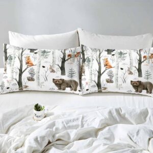 LUVIVIHOME 4PCS Woodland Animals Sheets Set, Queen Bed Sheets, White Sheets, Boys Girls Kids Bedding, Bear Deer Fox Forest Animal Lodge Cabin Bedding Set, 1 Fitted Sheet & 1 Flat Sheet & 2 Pillowcases