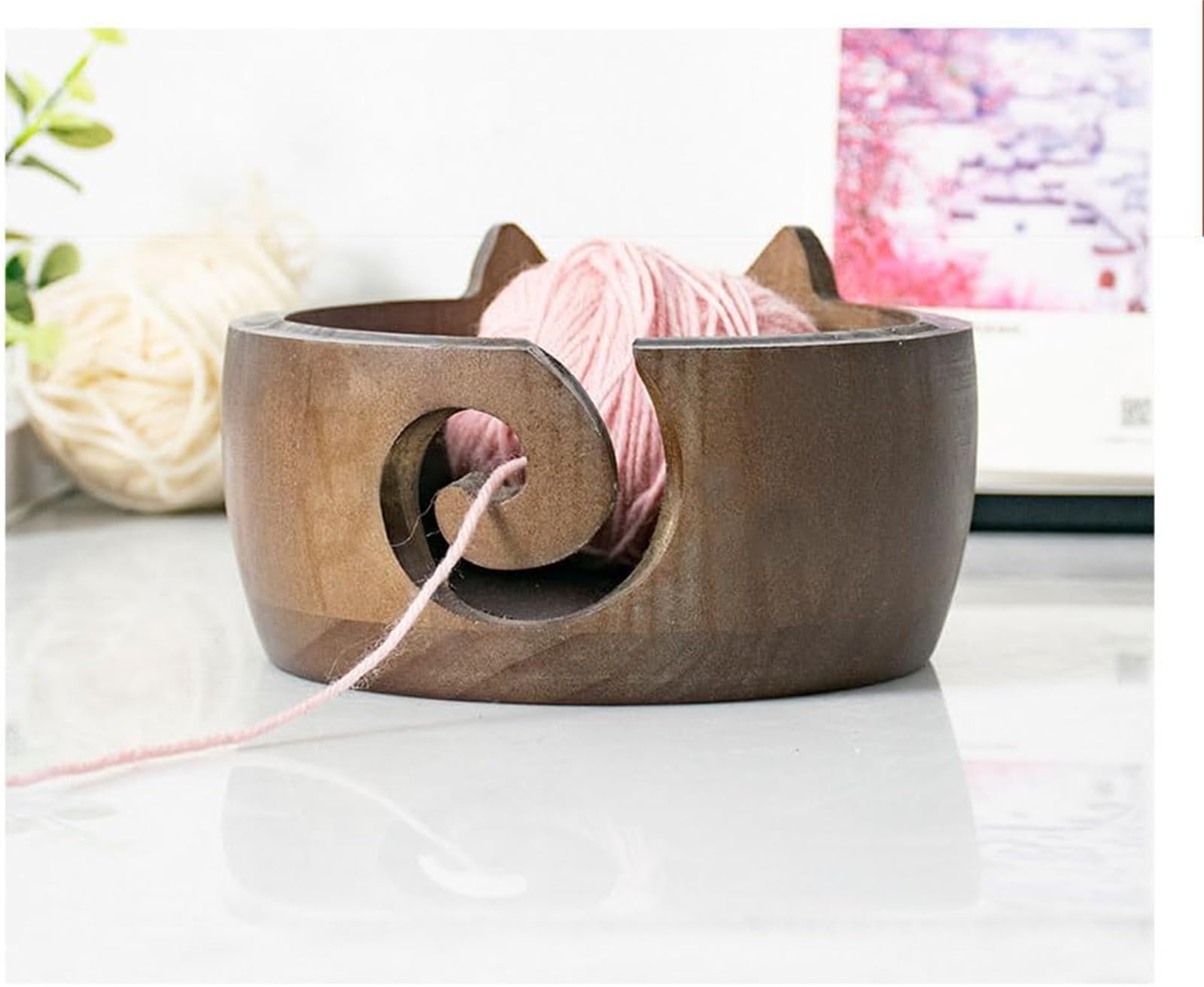 Cute Cat Yarn Bowl, New Yarn Bowls Yarn Storage Bowl with Carved Holes & Drill, Creative Wooden Handmade Round Woolen Bowl for DIY Knitting Crocheting Accessories (Orange)