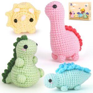 crochet kit for beginners, beginner crochet kit for adults with step-by-step video tutorials, diy crochet animal kits kids knitting supplies, 4 pack dinosaurs (40%+ yarn)