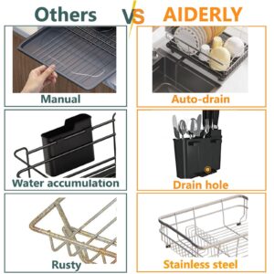 AIDERLY Stainless Steel Dish Drying Rack with Drainboard Dish Drainers for Kitchen Counter Sink Adjustable Spout Dish Strainers with Utensil Holder and Knife Slots, Black