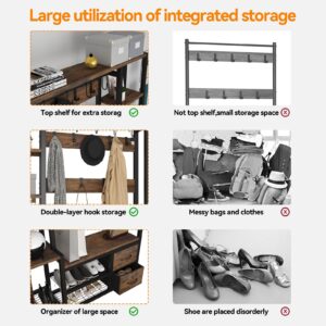 WODRAWER Hall Tree for Entryway 43", Bench with Shoe Storage, Large Coat Rack Shoe Bench with 5 Tier Shelves, 5 in 1 Design Front Door Shoe Rack and Wall Rack Hooks, and 2 Drawers (Rustic Brown)