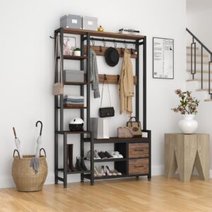 wodrawer hall tree for entryway 43", bench with shoe storage, large coat rack shoe bench with 5 tier shelves, 5 in 1 design front door shoe rack and wall rack hooks, and 2 drawers (rustic brown)