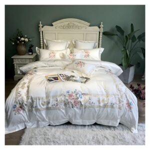 ibdrykk white blue pink luxury flowers embroidery 100s egyptian cotton palace bedding set duvet cover bed sheet/linen pillowcases, all season (color : one color, size : queen size 4pcs)