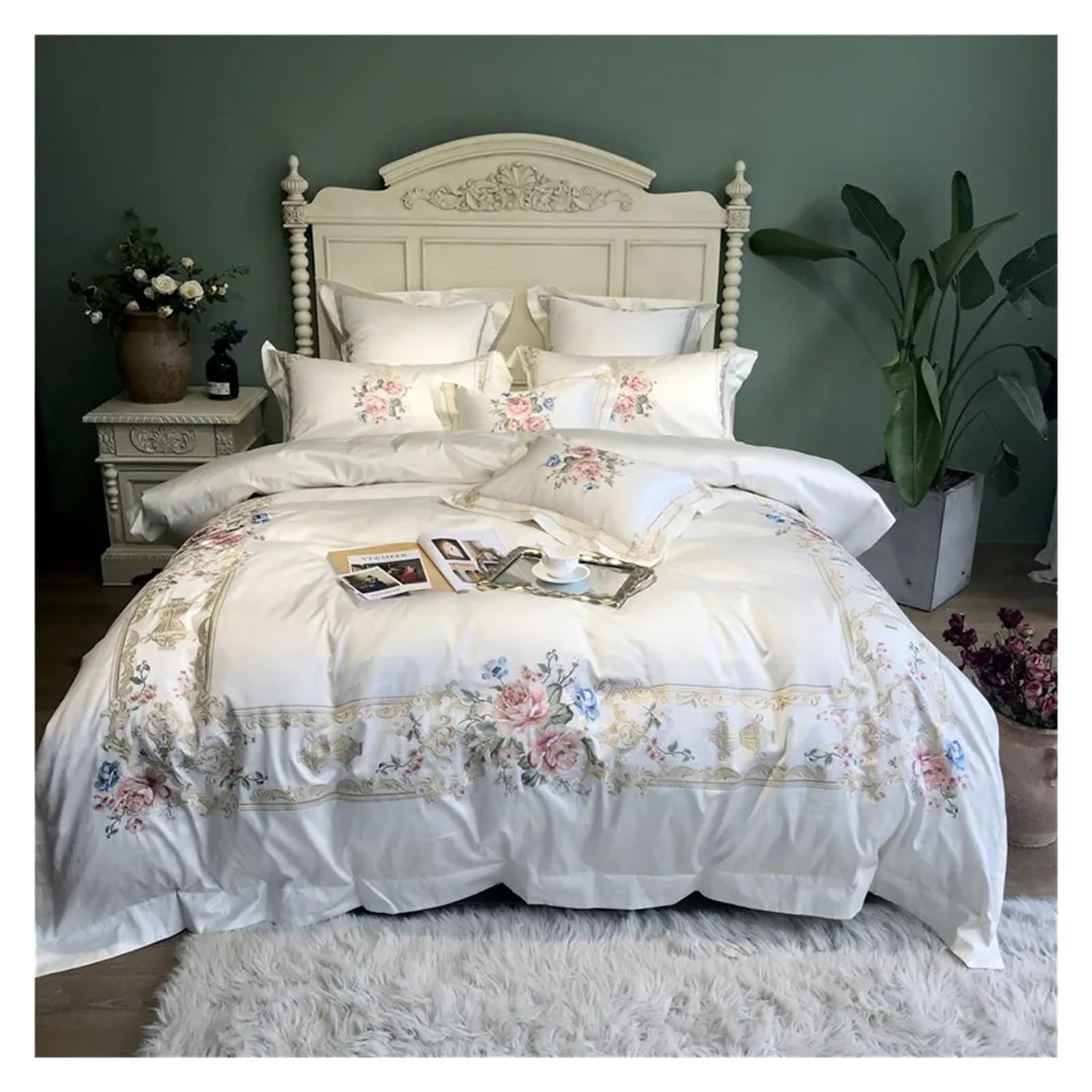 IBDRYKK White Blue Pink Luxury Flowers Embroidery 100S Egyptian Cotton Palace Bedding Set Duvet Cover Bed Sheet/Linen Pillowcases, All Season (Color : One Color, Size : Queen Size 4pcs)