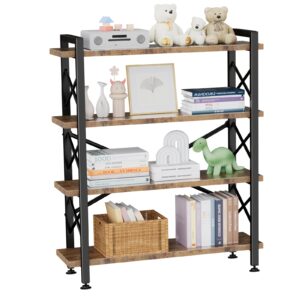 crownfurn 4 tier bookshelf 25.9" width, rustic open 4 shelf bookcase with metal frame, industrial book shelf for home office bedroom living room (rustic brown)