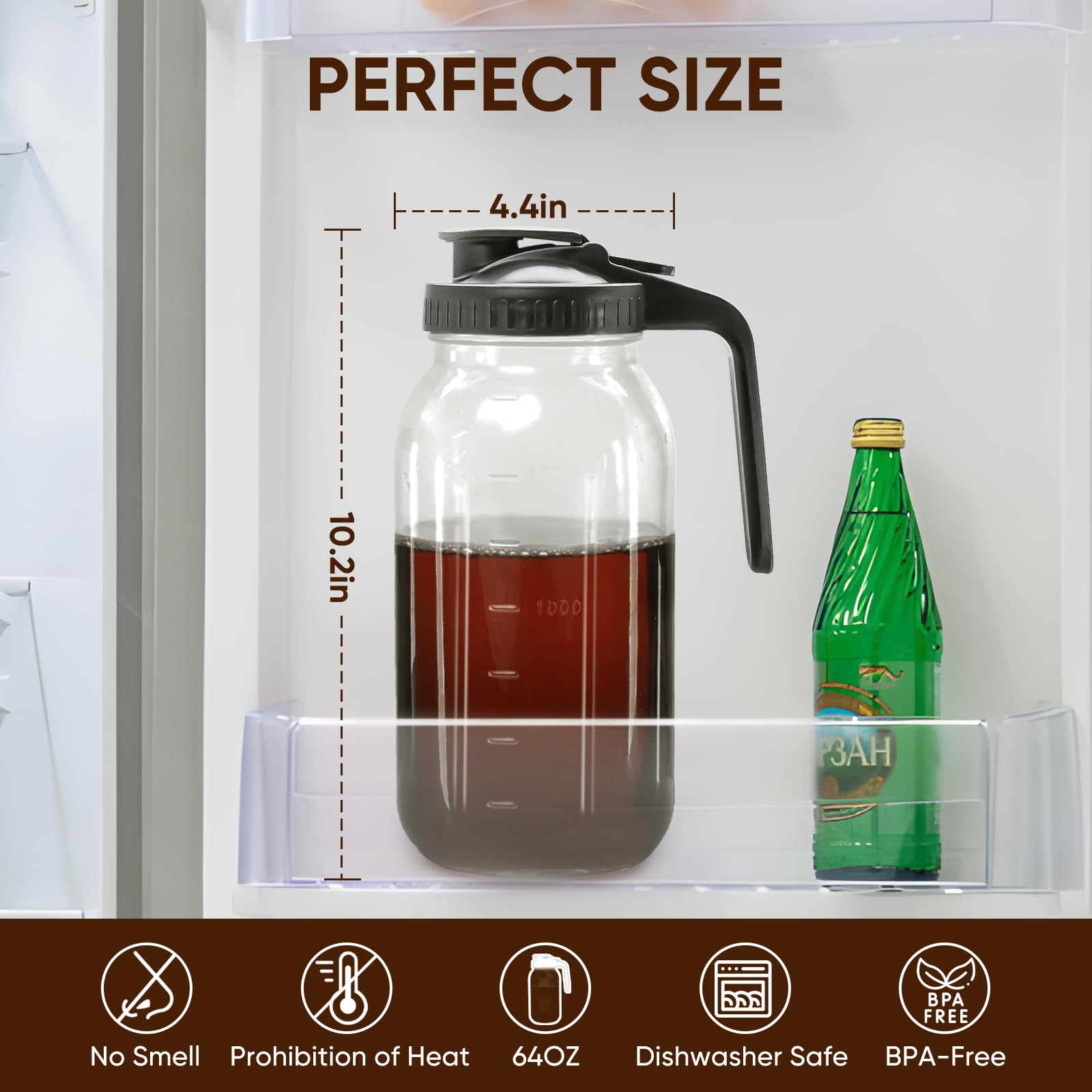 Cold Brew Coffee Maker Pitcher, 64oz Thick Glass Multipurpose Mason Pitcher Spout Lid with Wider Handle & Stainless Steel Filter for Iced Coffee, Lemonade, Ice Tea, Homemade Fruit Drinks, Black