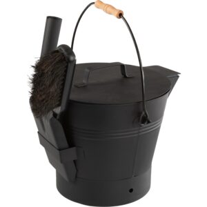 pure garden ash bucket with lid, broom, and shovel, black