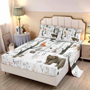 LUVIVIHOME 4PCS Woodland Animals Sheets Set, Queen Bed Sheets, White Sheets, Boys Girls Kids Bedding, Bear Deer Fox Forest Animal Lodge Cabin Bedding Set, 1 Fitted Sheet & 1 Flat Sheet & 2 Pillowcases