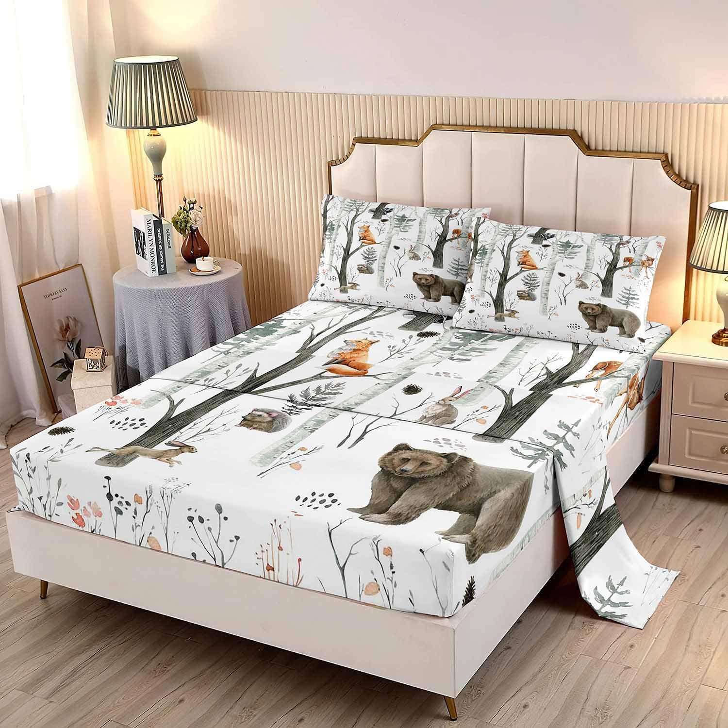 LUVIVIHOME 4PCS Woodland Animals Sheets Set, Queen Bed Sheets, White Sheets, Boys Girls Kids Bedding, Bear Deer Fox Forest Animal Lodge Cabin Bedding Set, 1 Fitted Sheet & 1 Flat Sheet & 2 Pillowcases