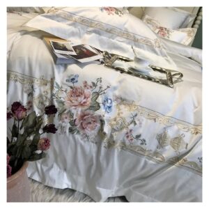 IBDRYKK White Blue Pink Luxury Flowers Embroidery 100S Egyptian Cotton Palace Bedding Set Duvet Cover Bed Sheet/Linen Pillowcases, All Season (Color : One Color, Size : Queen Size 4pcs)