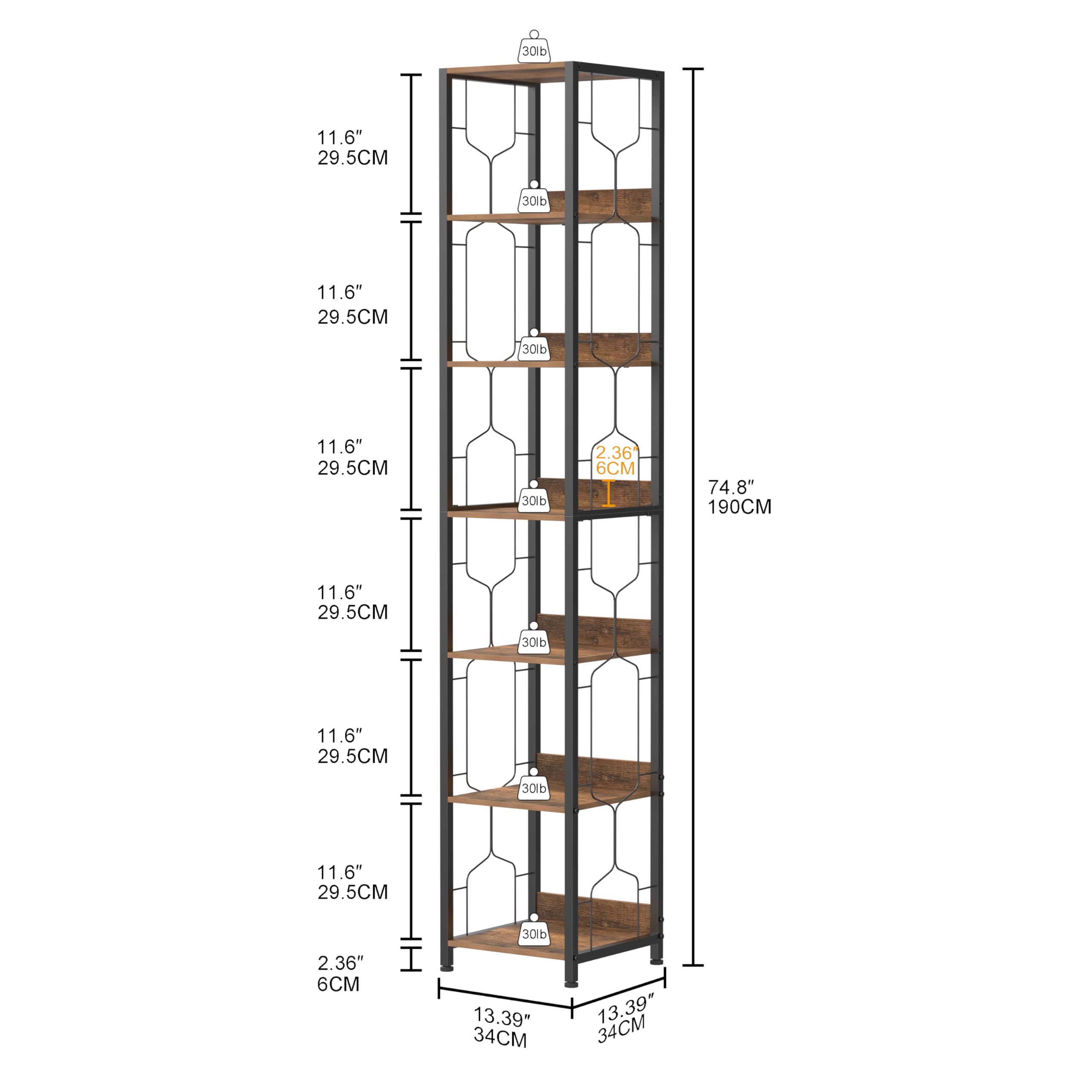 GiftGo 7-Tier Tall Narrow Bookshelf Corner Skinny Thin Bookcase Open Storage Display Rack Industrial Book Shelves Vertical Storage for Small Space Home Office Living Room (Rustic Brown, Narrow)