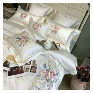 IBDRYKK White Blue Pink Luxury Flowers Embroidery 100S Egyptian Cotton Palace Bedding Set Duvet Cover Bed Sheet/Linen Pillowcases, All Season (Color : One Color, Size : Queen Size 4pcs)